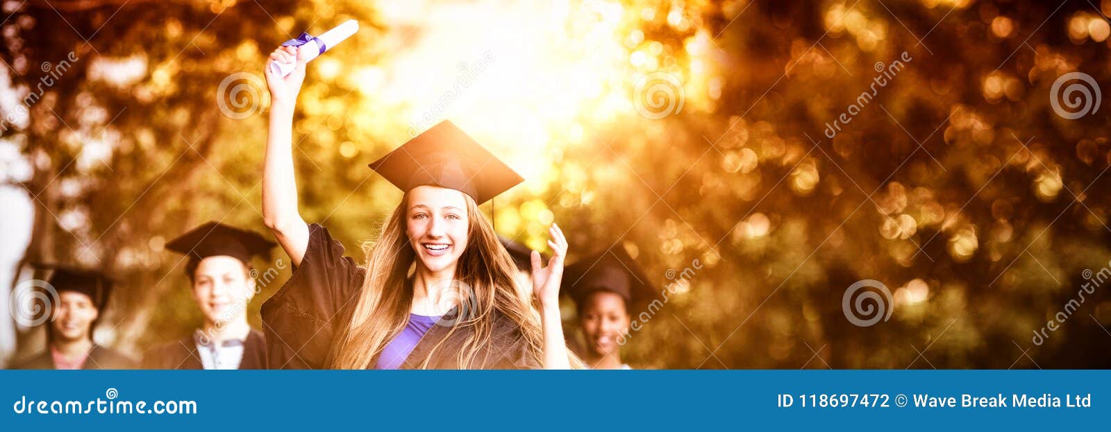 Graduate School Kids Standing with Degree Scroll in Campus Stock Photo ...