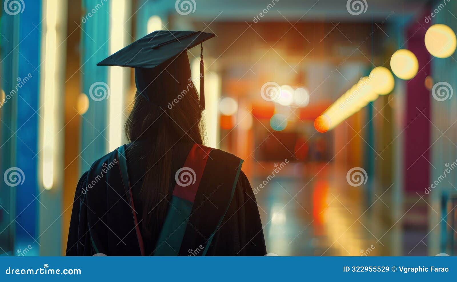 Graduate Student in Cap and Gown Walking in a Brightly Lit Hallway ...