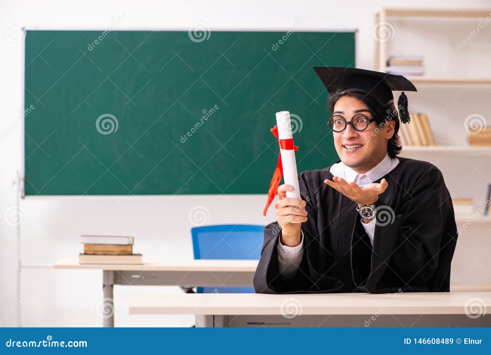 The Graduate Student in Front of Green Board Stock Image - Image of ...