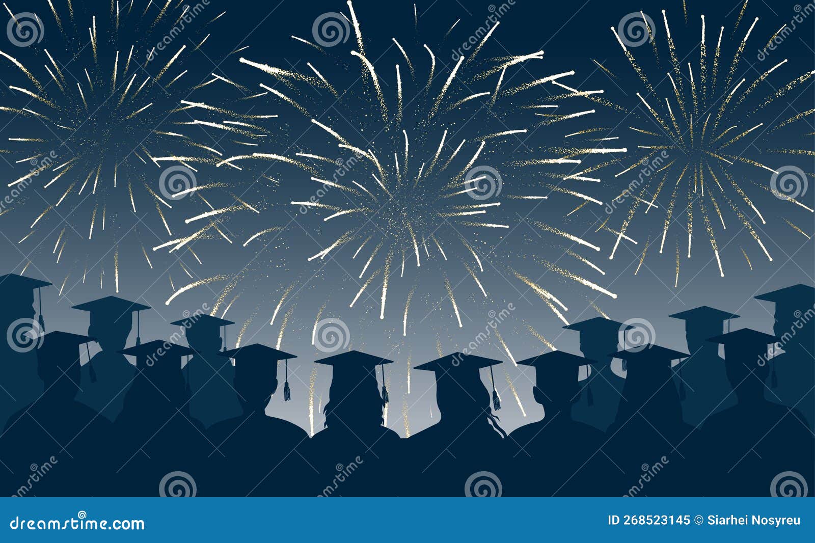 Graduate Students Looking at Fireworks, Silhouette. Vector Illustration ...