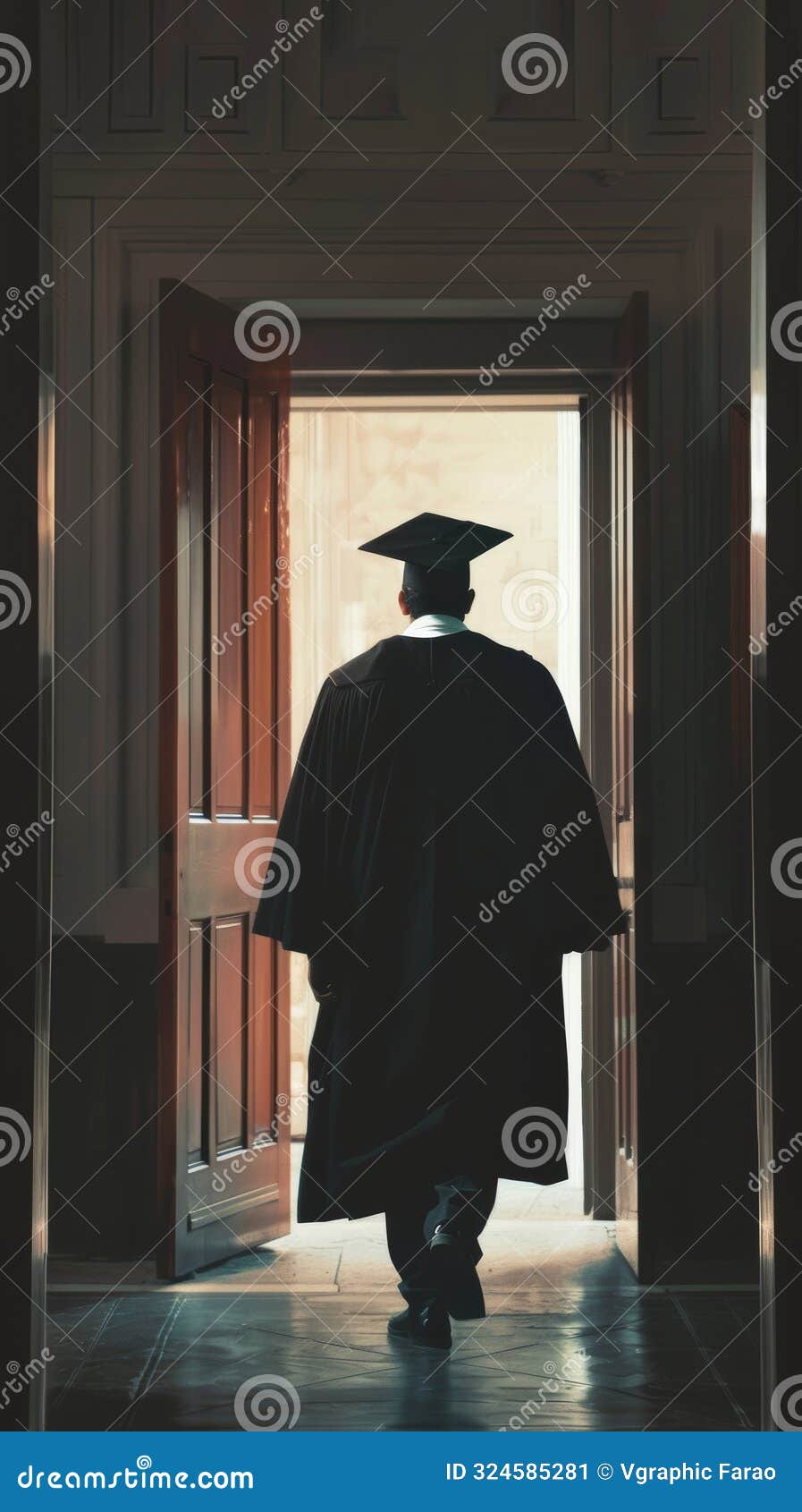 Graduate Walking through Open Door in Dimly Lit Hallway Stock Image ...