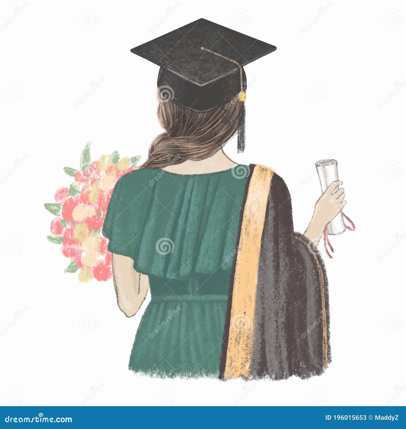 Graduated Girl with Certificate Back View. Hand Drawn Illustration ...