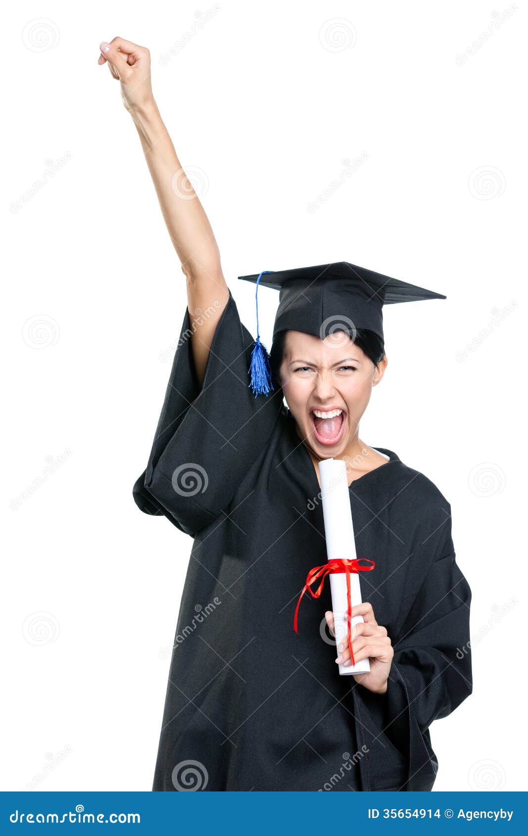 Graduating Student Gesturing Fist with the Diploma Stock Photo - Image ...