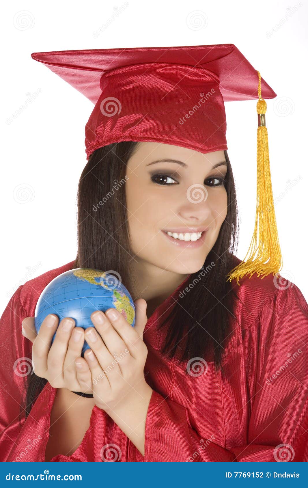 Caucasian Student Wearing a Red Graduation Gown and Holding Globe Stock ...