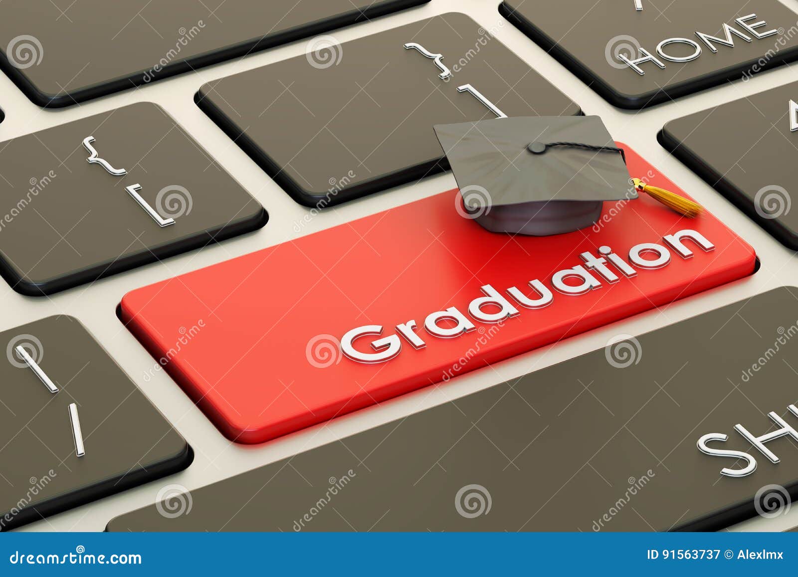 Graduation Button, Red Key on Keyboard. 3D Rendering Stock Illustration ...