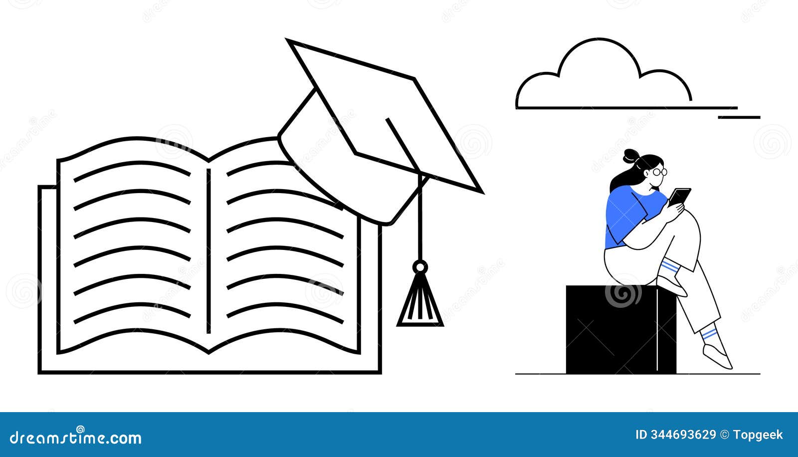 Graduation Cap on Open Book with Student Reading Under Cloud ...