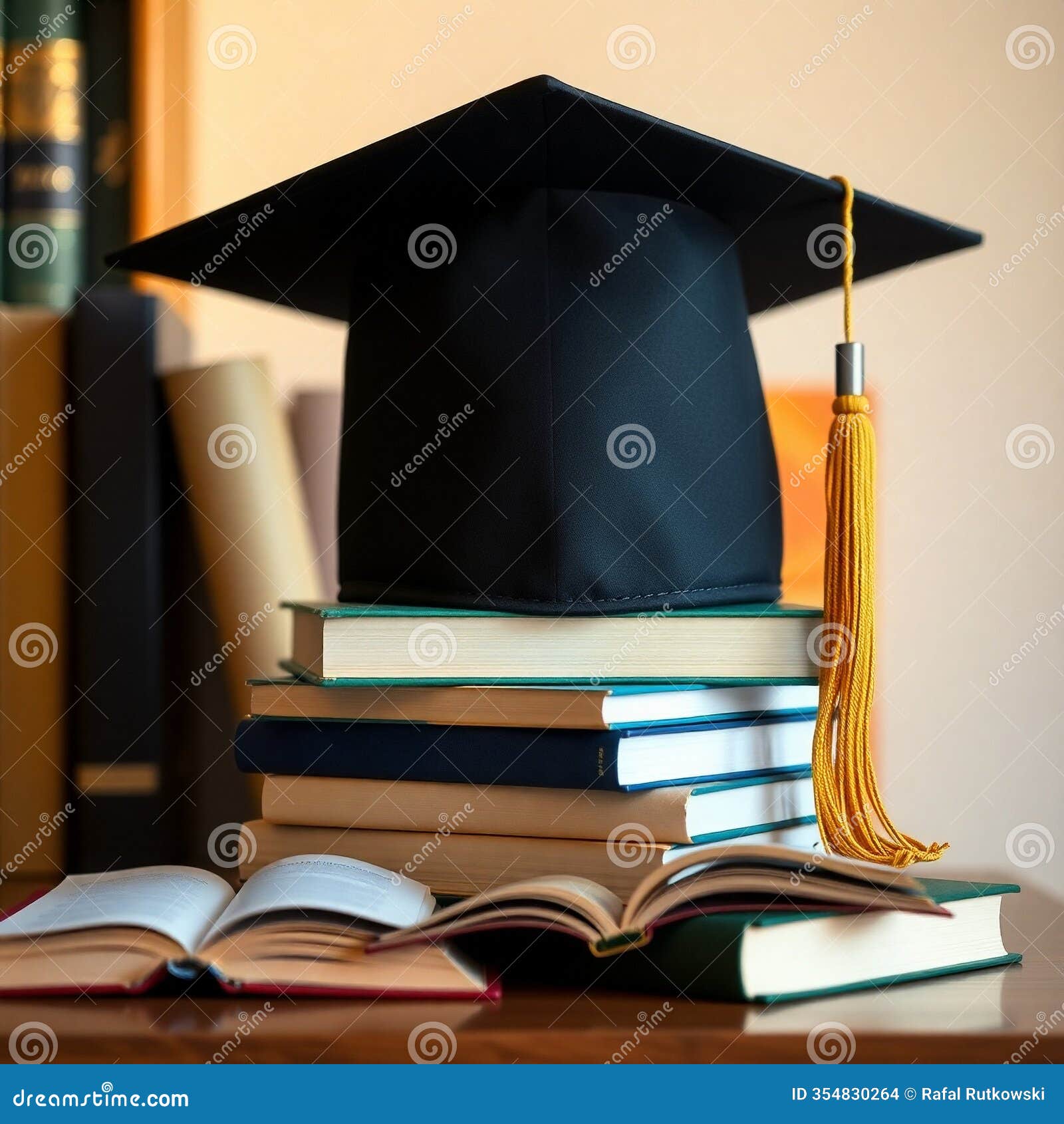 Graduation Cap Atop a Stack of Books Symbolizing Education, Knowledge ...