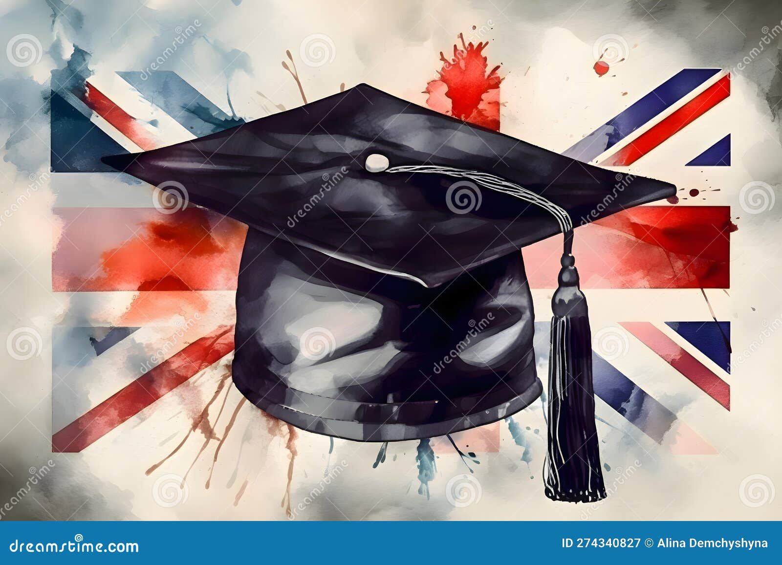 Graduation Cap on the Background of the British Flag, Watercolor ...