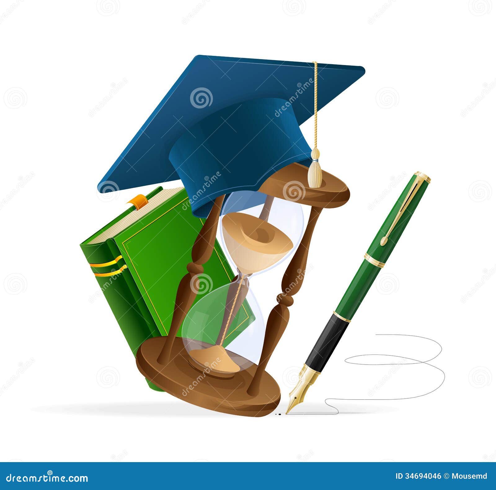 Graduation Cap with Book, Sand Clock and Pen Stock Vector ...