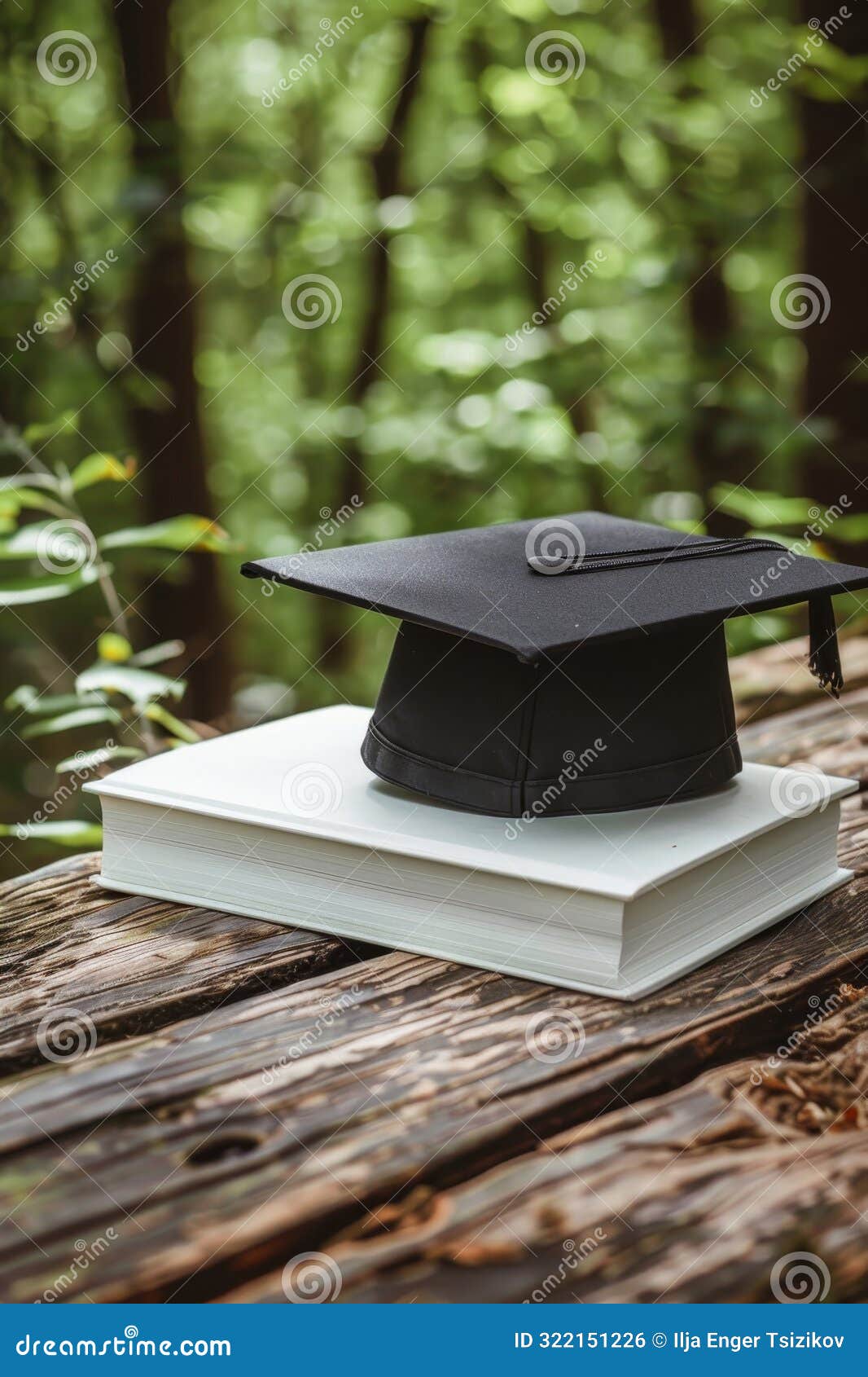 Graduation Cap on Book on Wooden Table in Forest Setting Representing ...