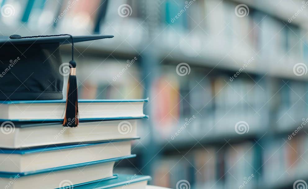 Graduation Cap on Books in Library Stock Image - Image of scholarship ...