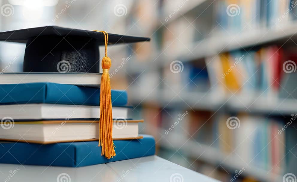 Graduation Cap on Books in Library Stock Photo - Image of degree ...