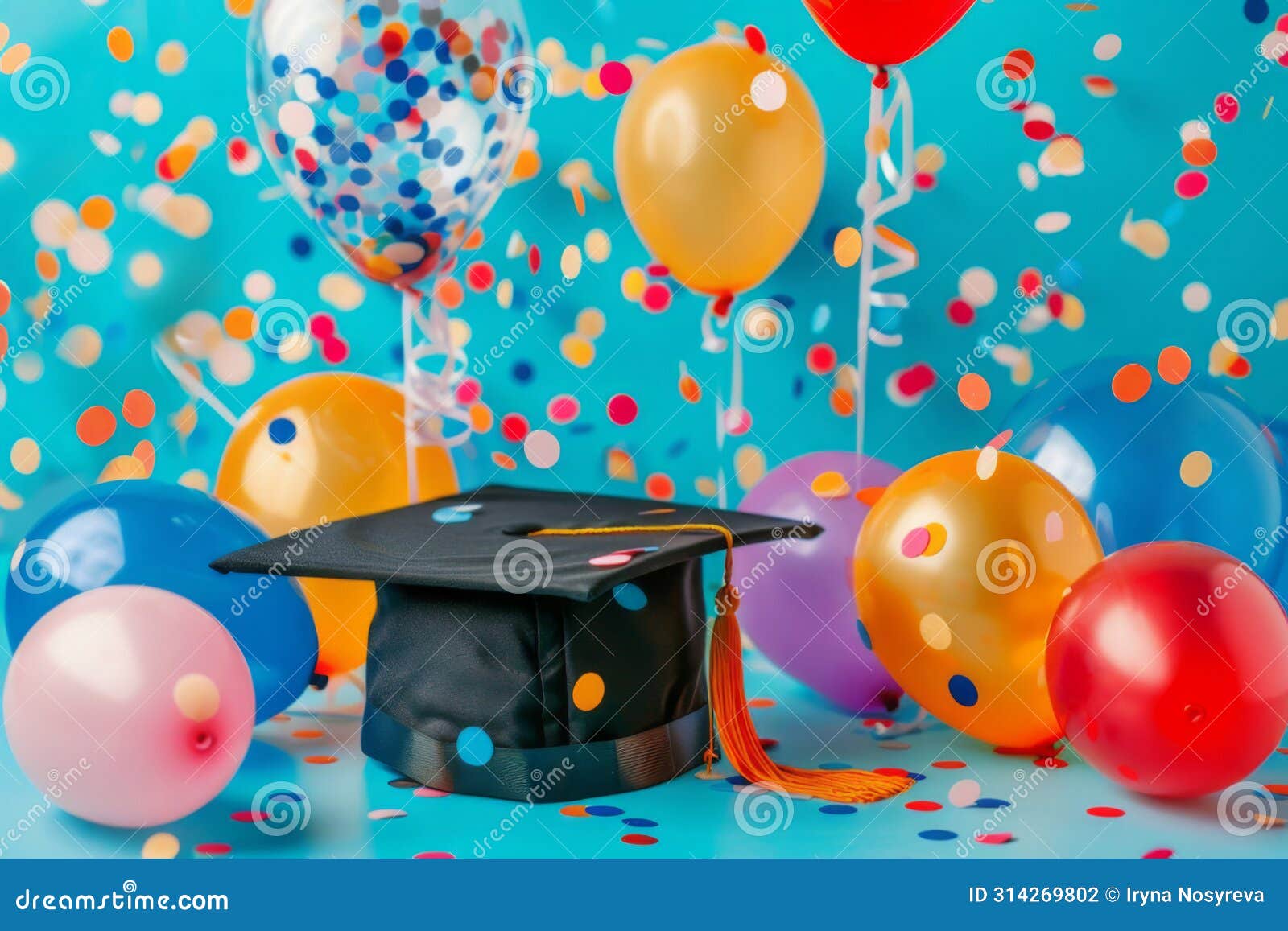 Graduation Cap with Confetti and Balloons, Bright Graduating Banner ...