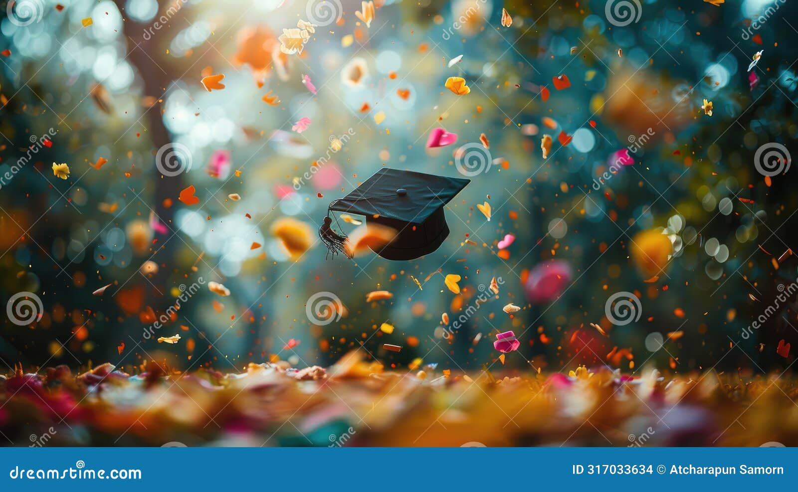 A Graduation Cap with Confetti Thrown at it in the Air Stock ...