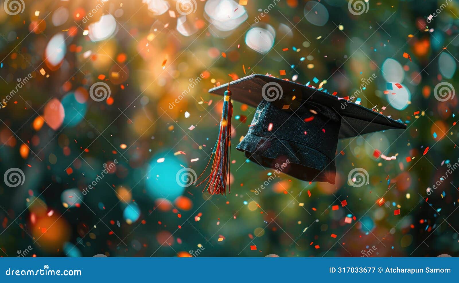A Graduation Cap with Confetti Thrown at it in the Air Stock ...