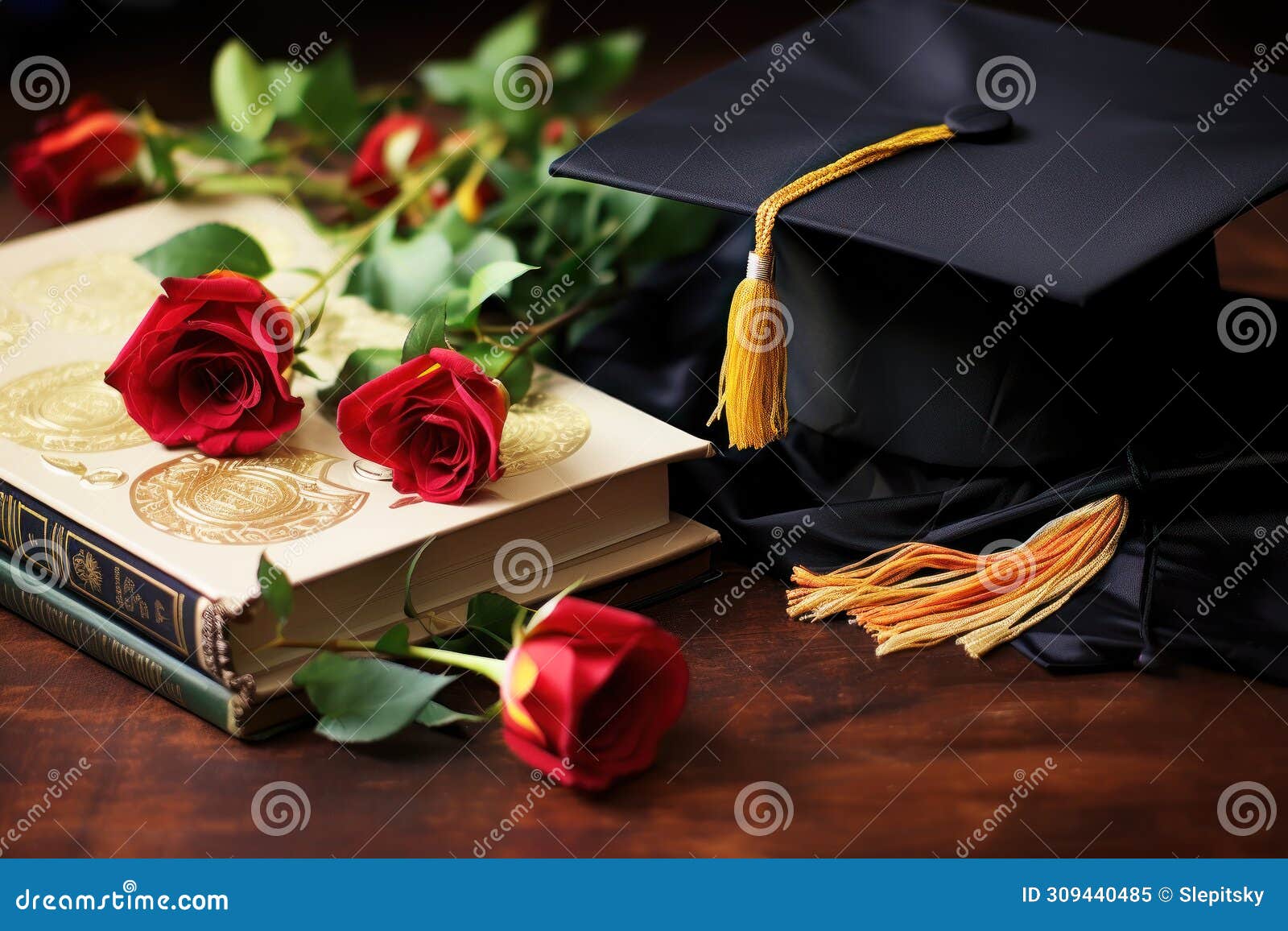Graduation Cap and Diploma Amidst Vibrant Roses Stock Image - Image of ...