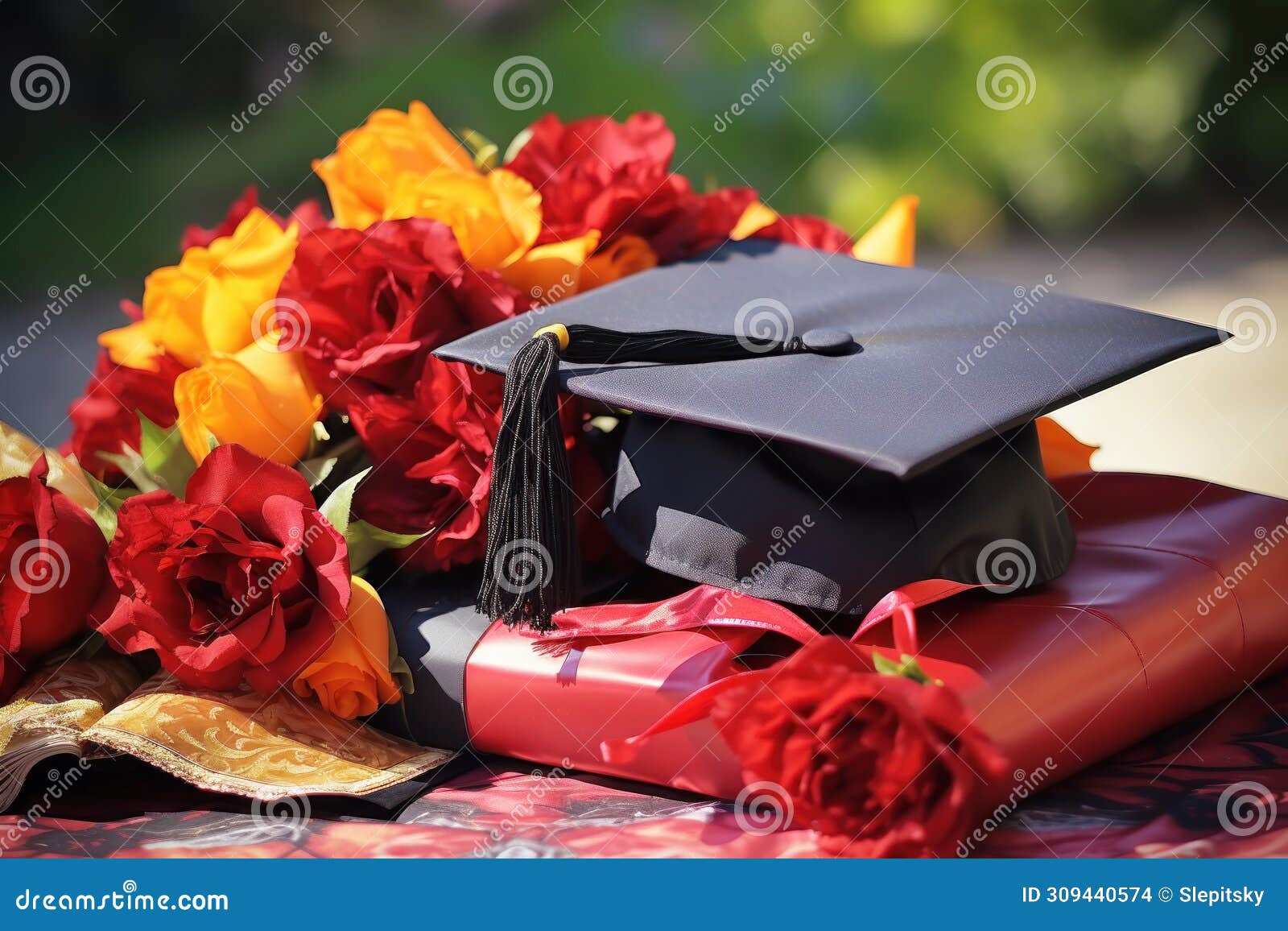 Graduation Cap and Diploma Amidst Vibrant Roses Stock Photo - Image of ...