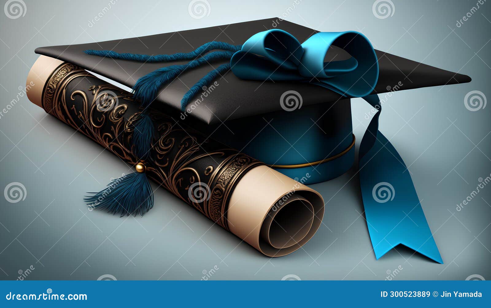 Graduation Cap, Diploma and Blue Ribbon. 3D Illustration Stock ...