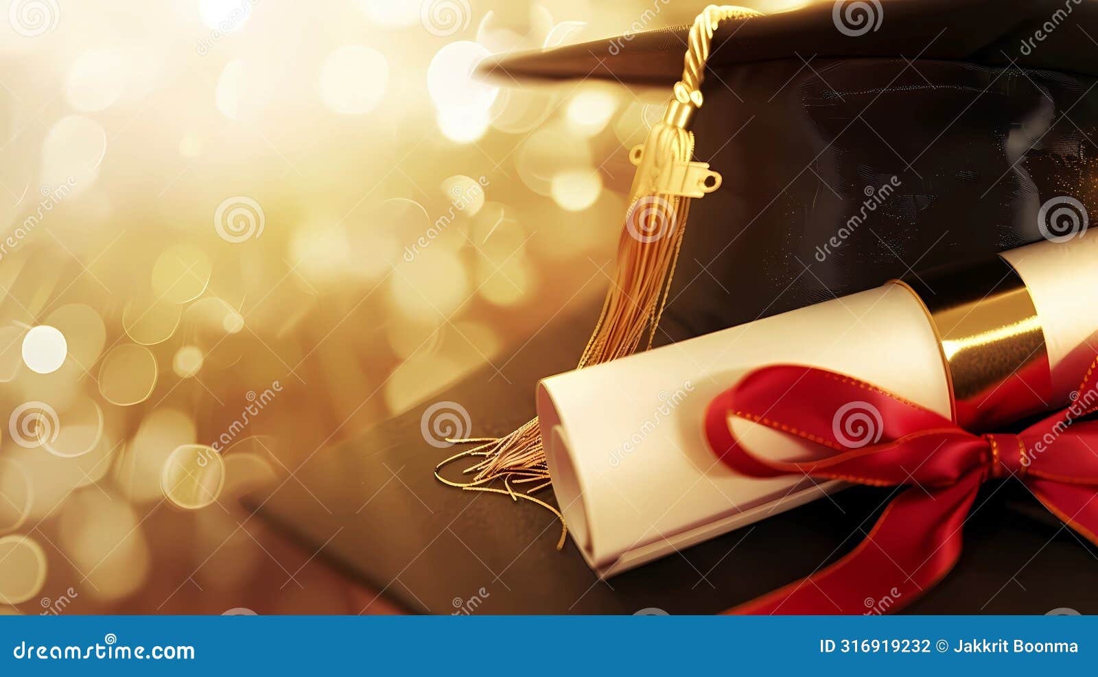 Graduation Cap and Diploma with Red Ribbon on Bokeh Background ...