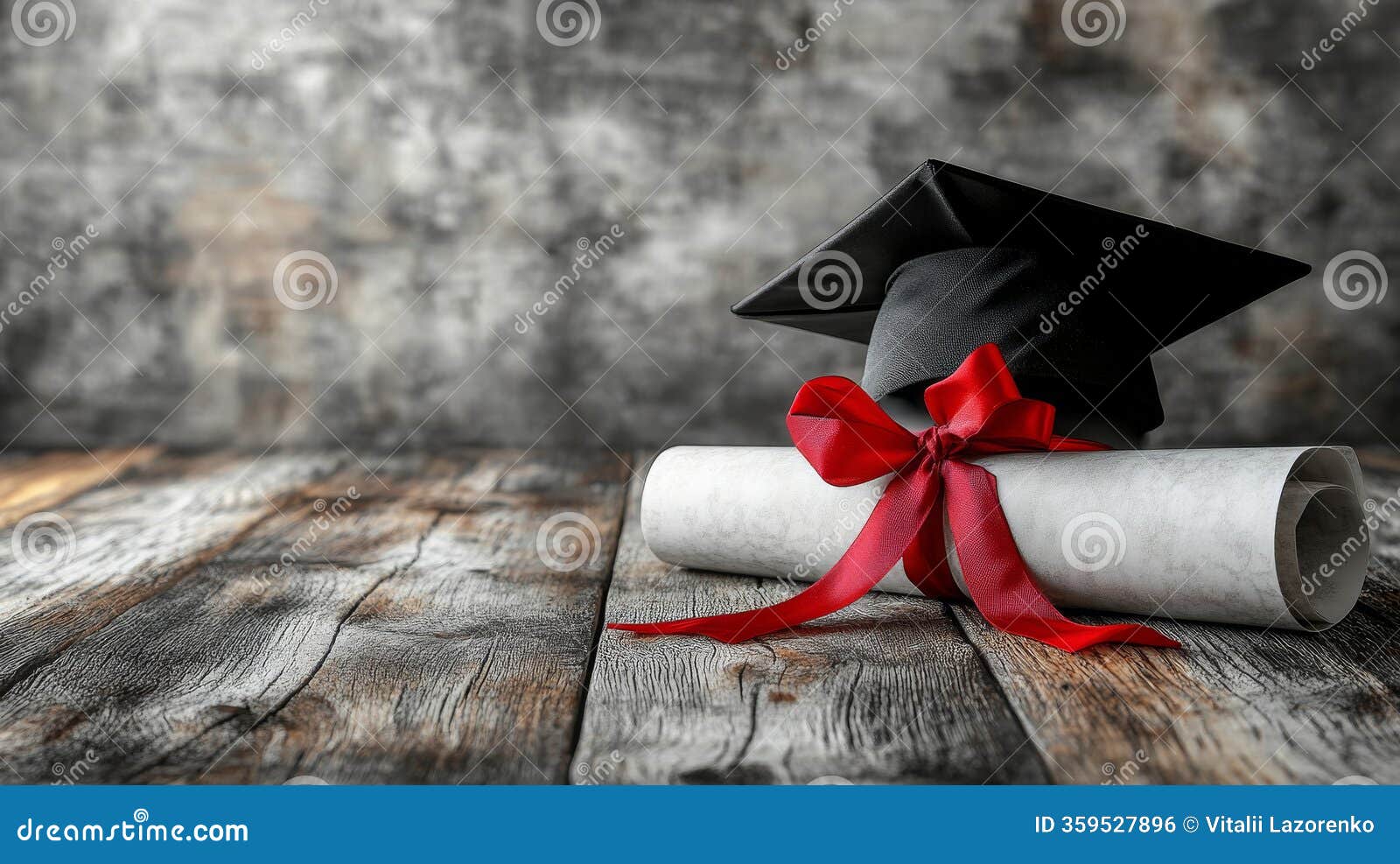 Graduation Cap and Diploma with Red Ribbon on Rustic Wooden Surface ...