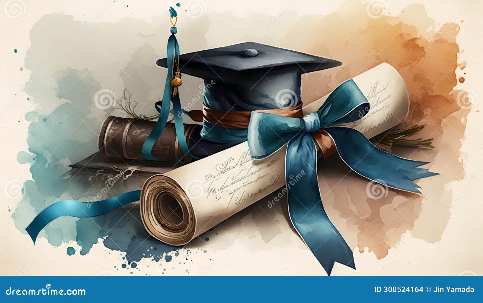 Graduation Cap, Diploma and Diploma Scroll with Blue Ribbon on ...