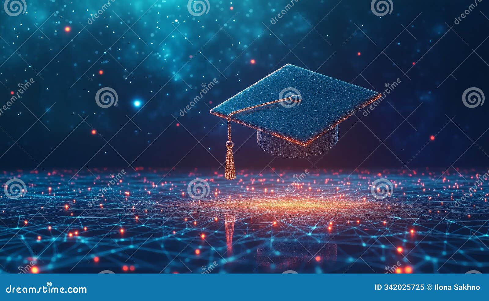 Graduation Cap Floating Over a Digital Network with Glowing Particles ...