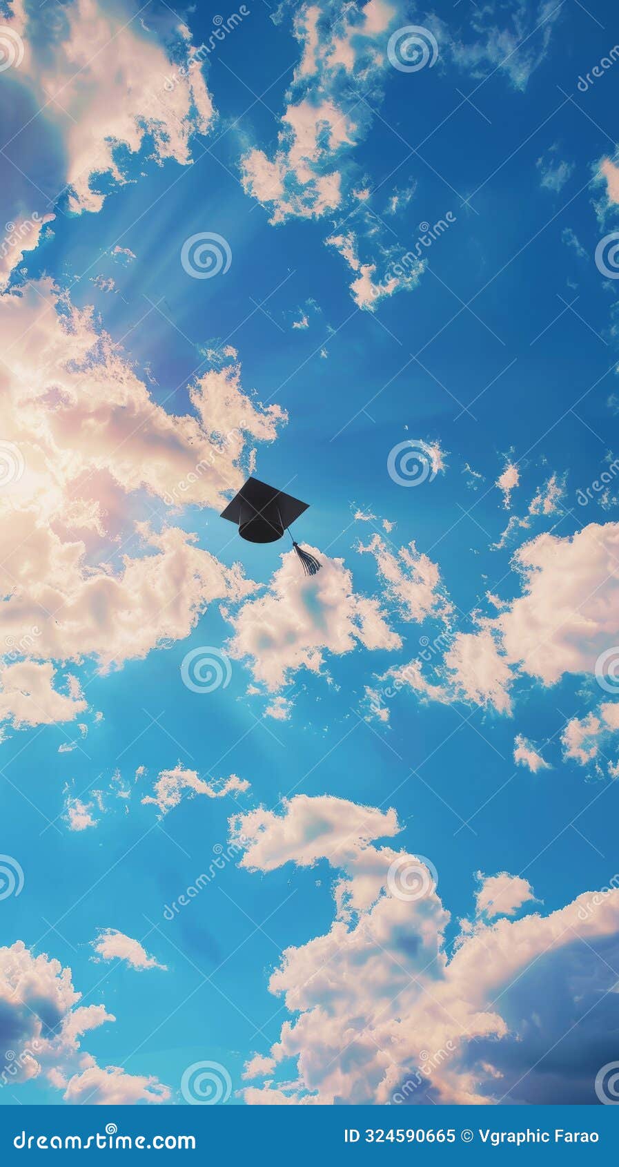 Graduation Cap Flying in Blue Sky with Clouds Stock Image - Image of ...