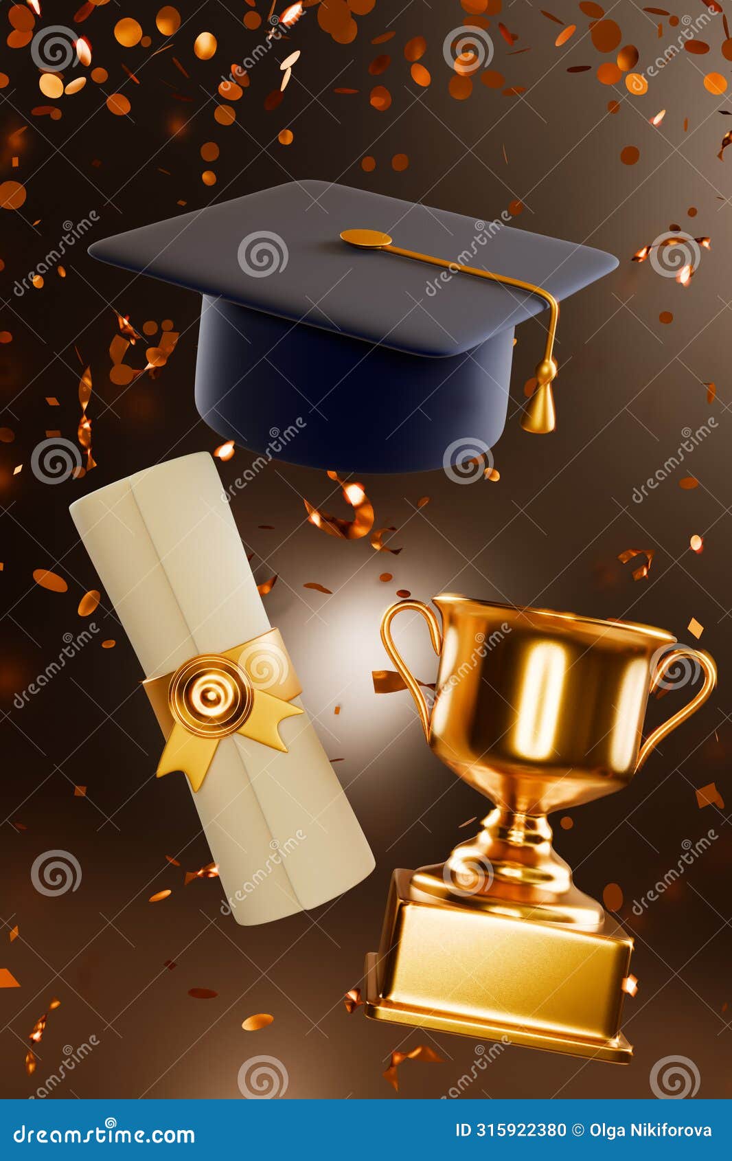 Graduation Cap with Gold Winner Cup and Diploma in Confetti. Stock ...