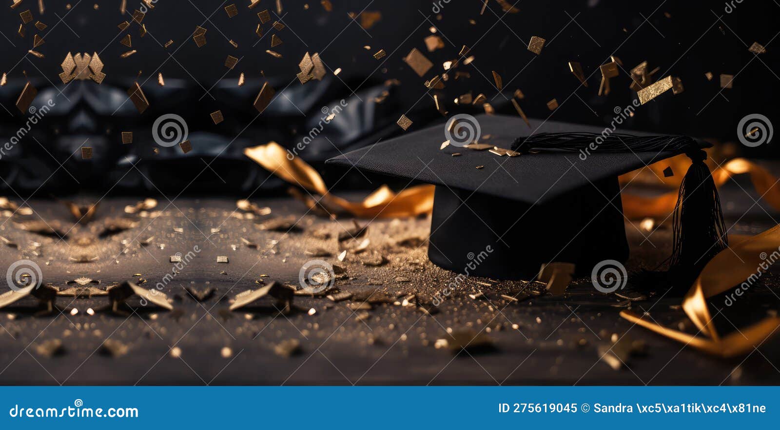 Graduation Cap Hat with Exploding Falling Glitter Confetti. Dark Black ...