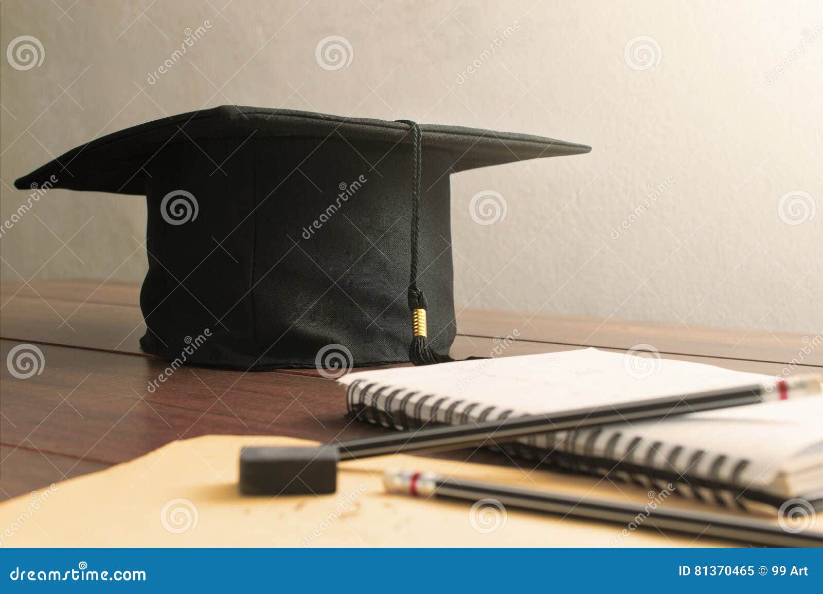Graduation Cap, Hat on Wood Table Empty Ready for Your Product D Stock ...