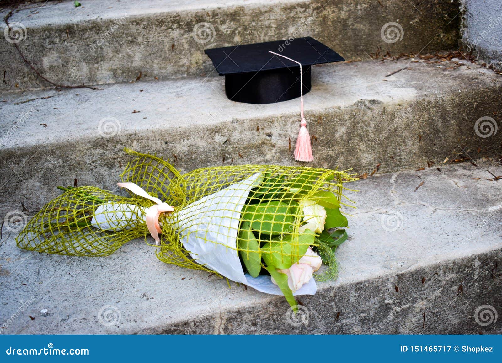 Graduation Cap or Mortaboard with a Bunch of Roses on the Old Stairs in ...