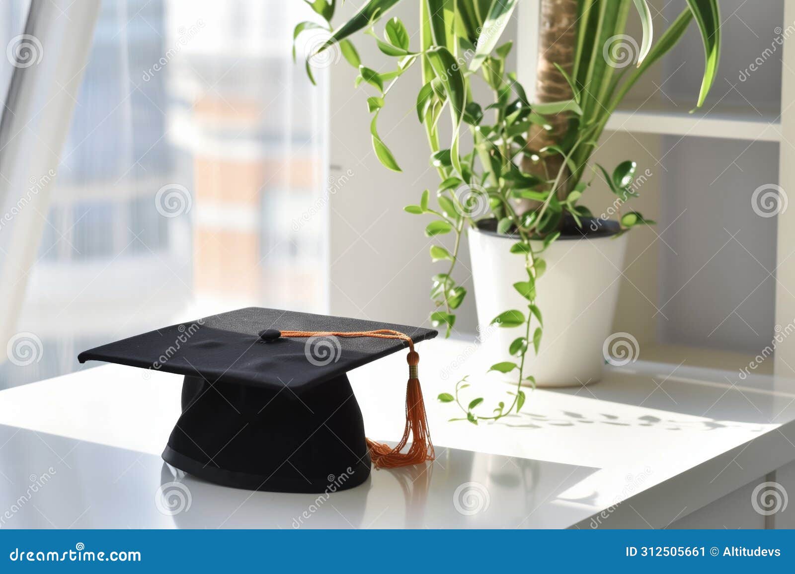 Graduation Cap Next To a Plant on a Bright, White Desk Stock Image ...
