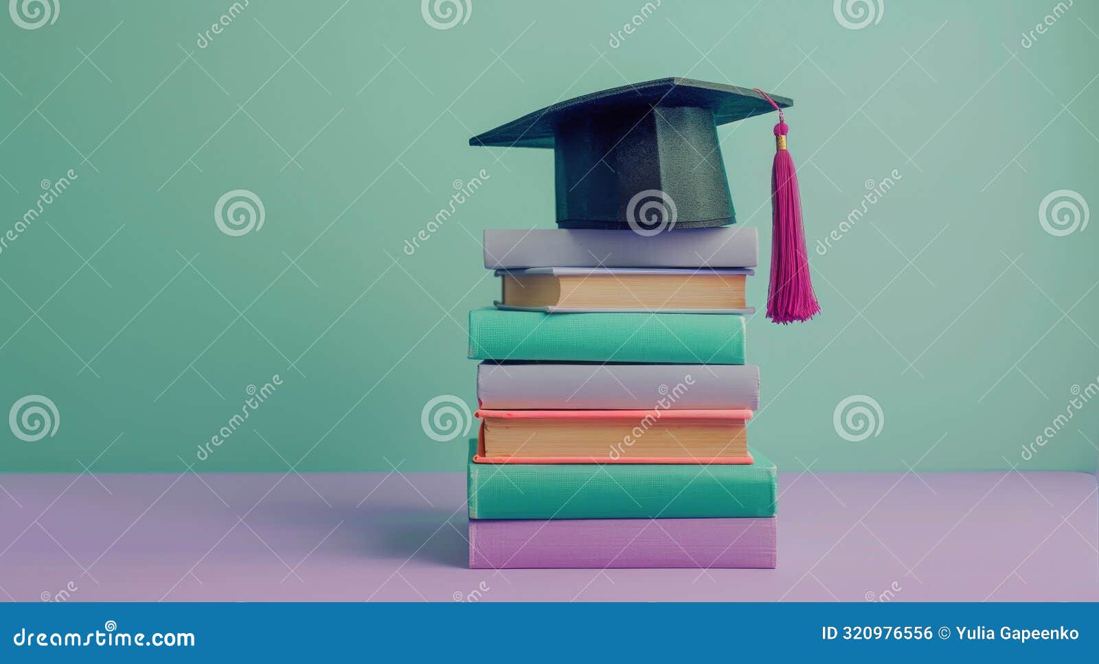 Graduation Cap Resting on a Stack of Books Against a Teal Wall Stock ...