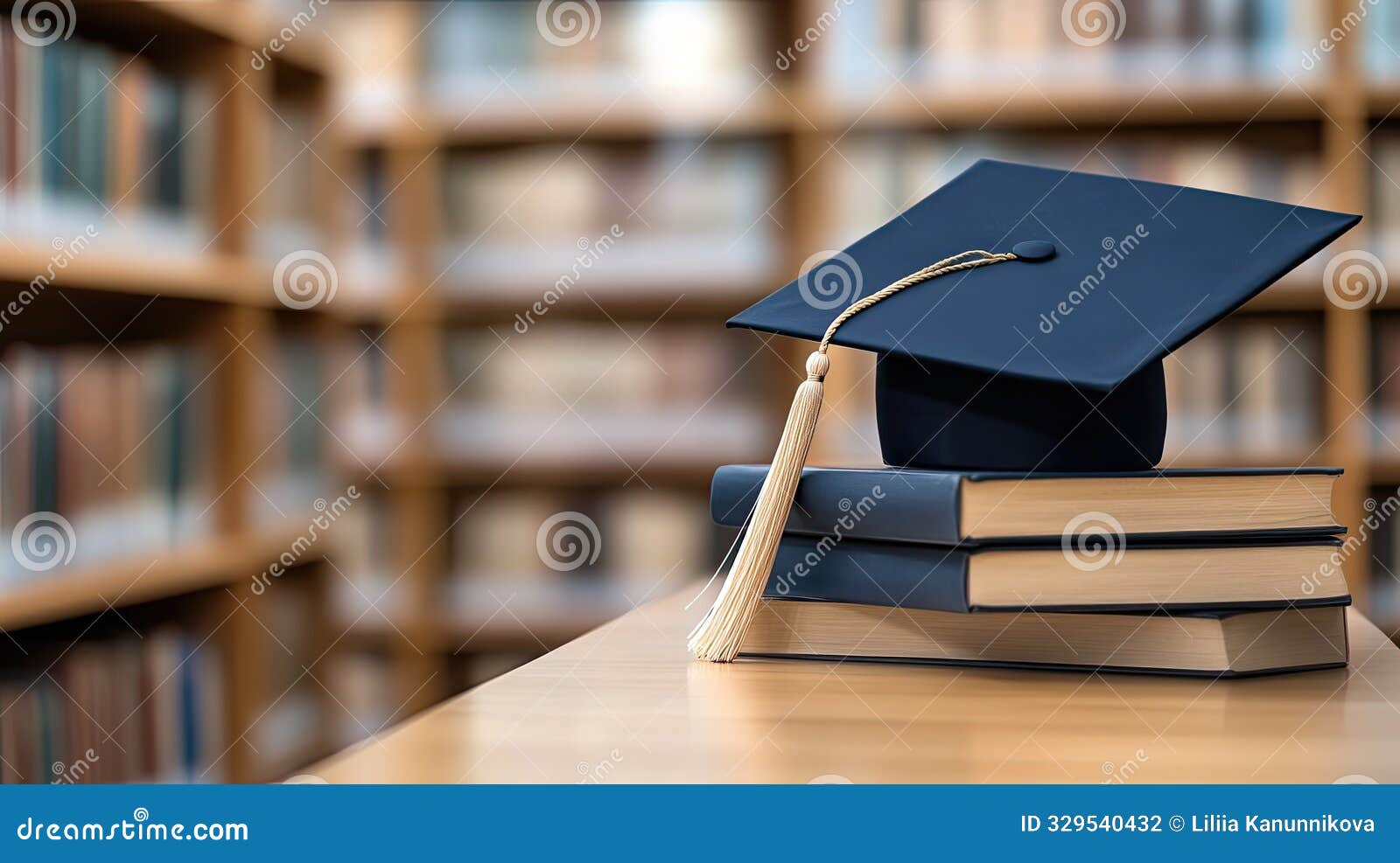 A Graduation Cap Rests Atop a Stack of Books in a Library, Illuminated ...