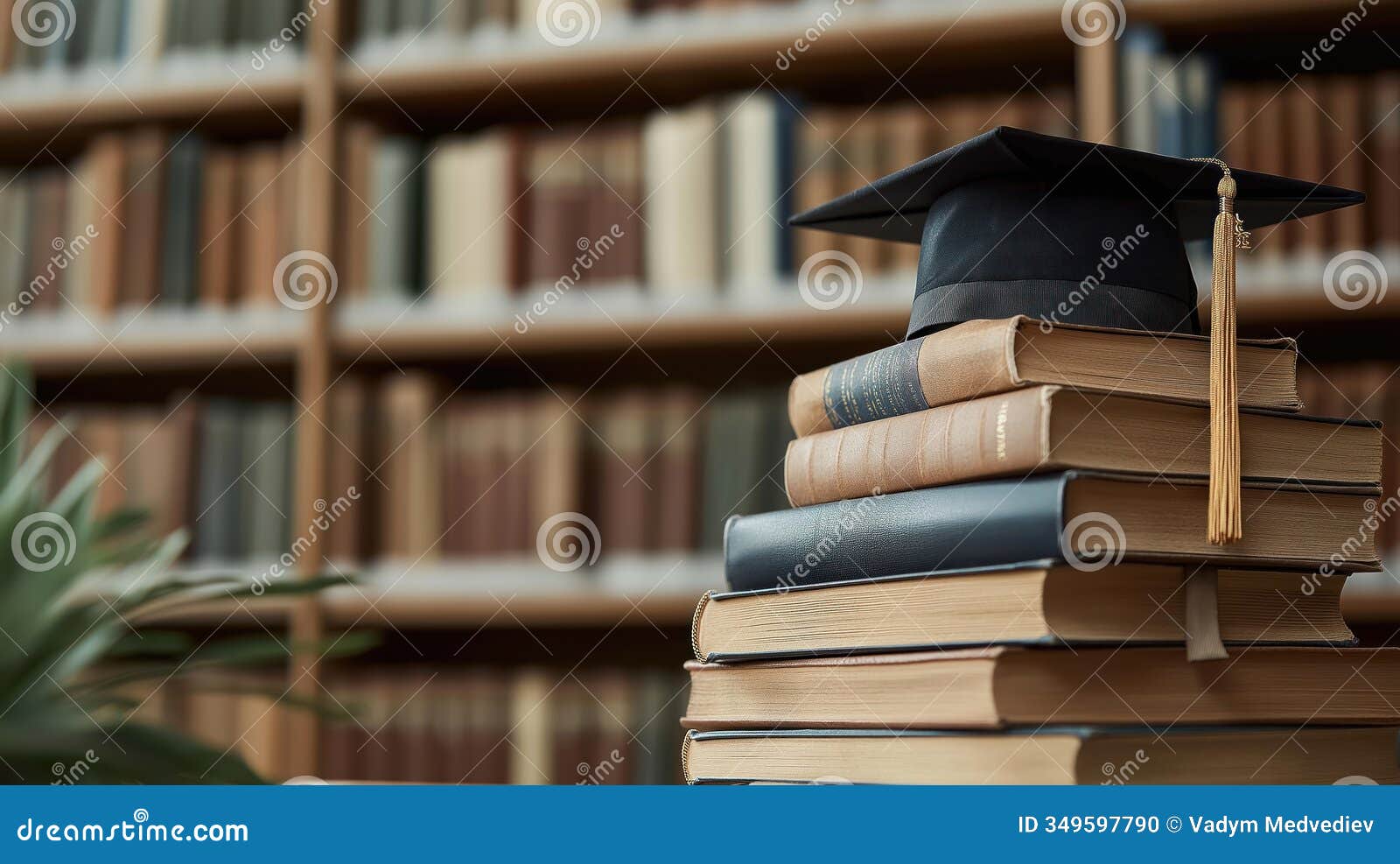 Graduation Cap Rests Atop Stack Books Library. Knowledge Success ...