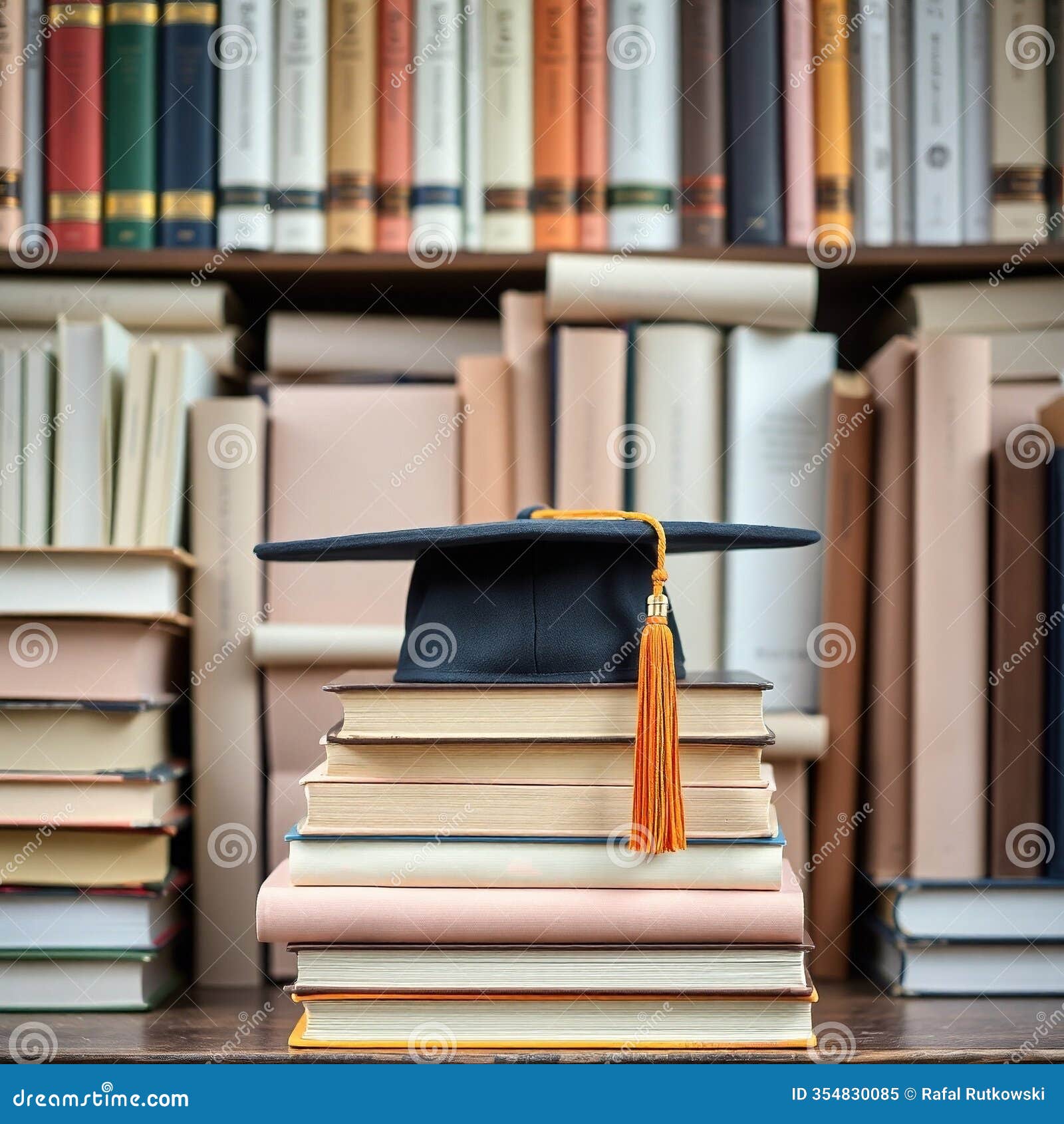 Graduation Cap Rests Atop a Stack of Books in a Library, Symbolizing ...