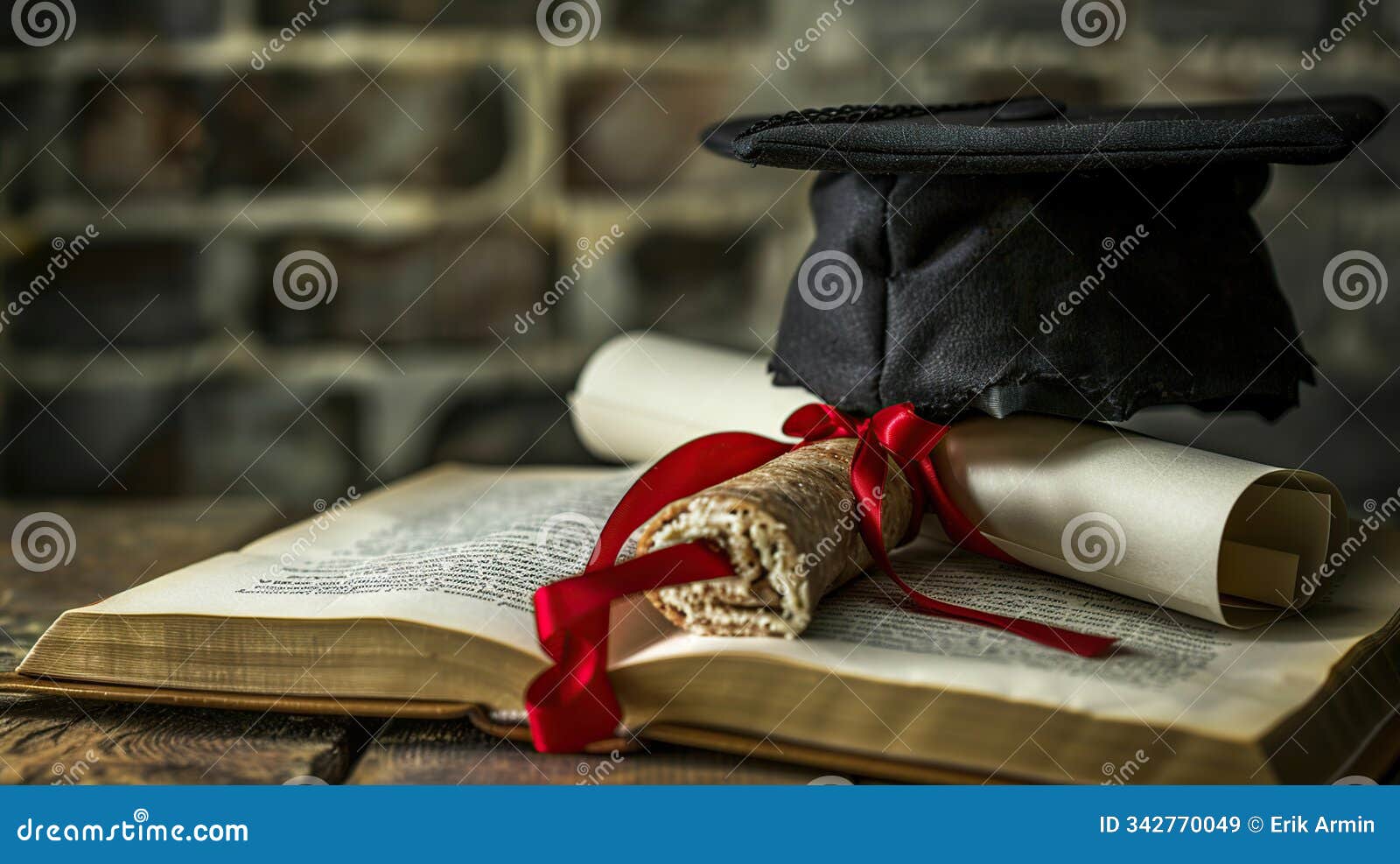 A Graduation Cap and a Graduation Roll that Tied with Red Ribbon Rested ...