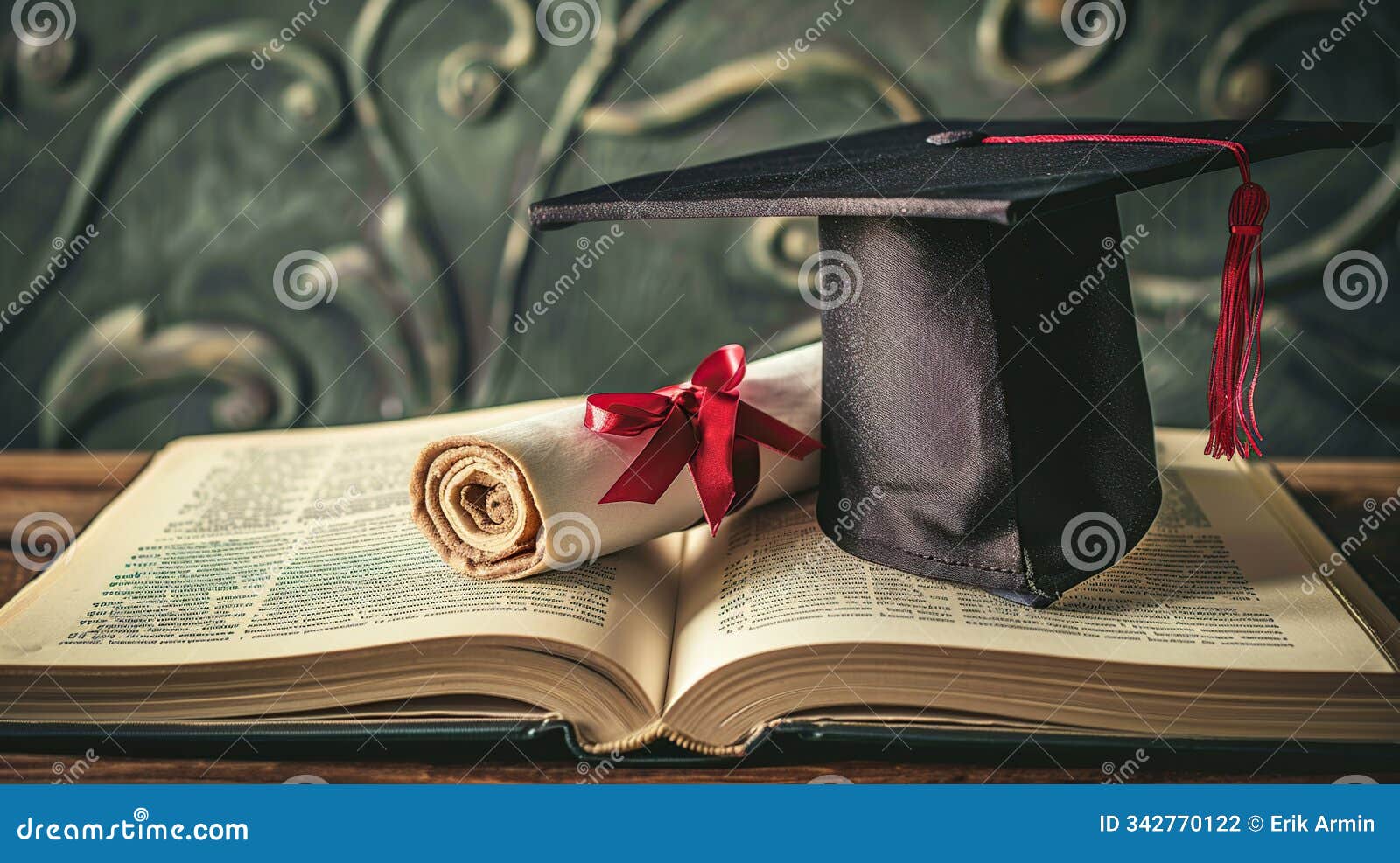 A Graduation Cap and a Graduation Roll that Tied with Red Ribbon Rested ...