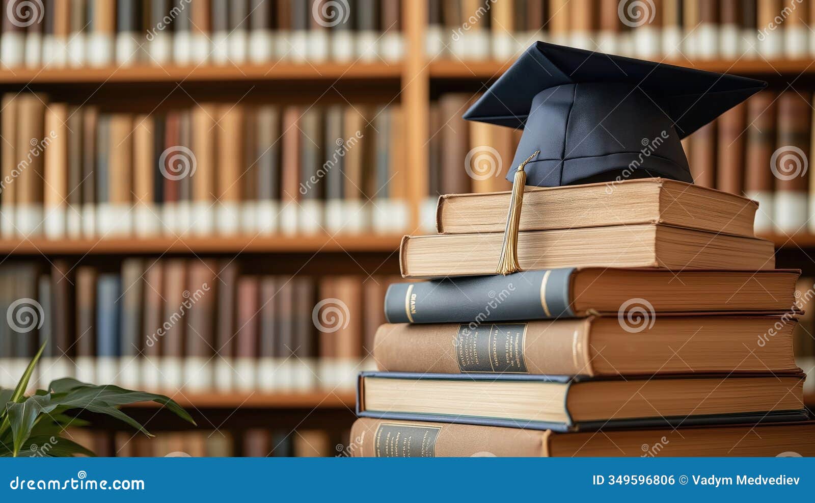 Graduation Cap Sits Atop Stack of Books in Library. Academic ...