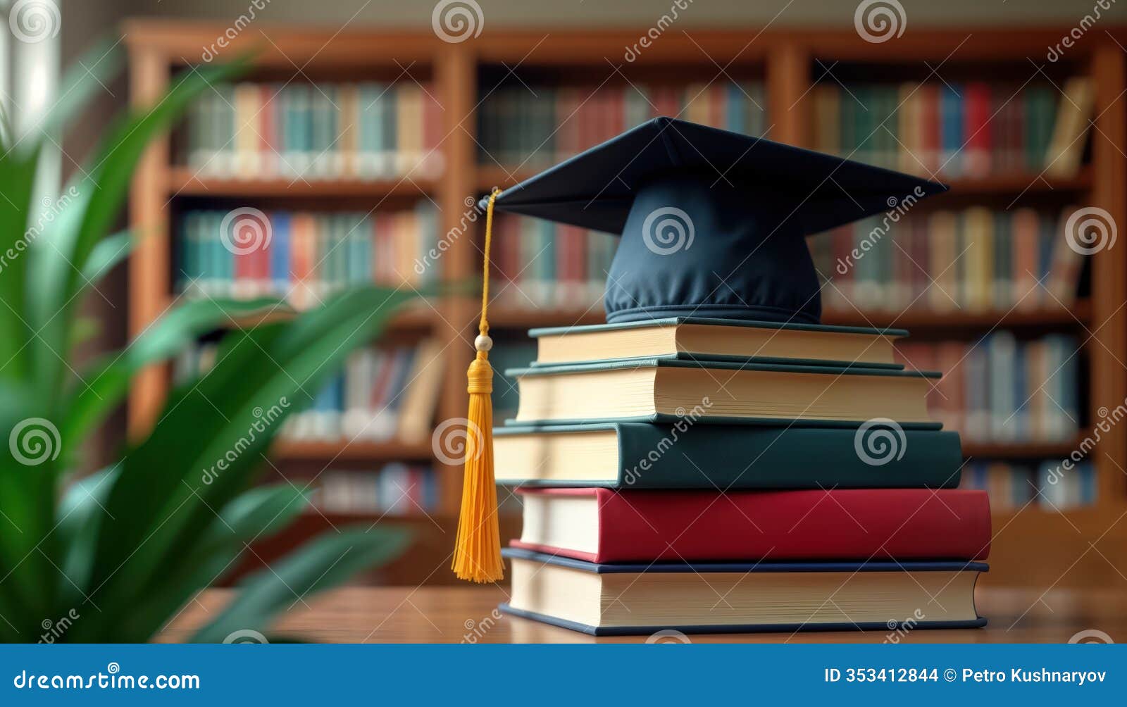 Graduation Cap Sits Atop Stack of Books in Library. Academic ...