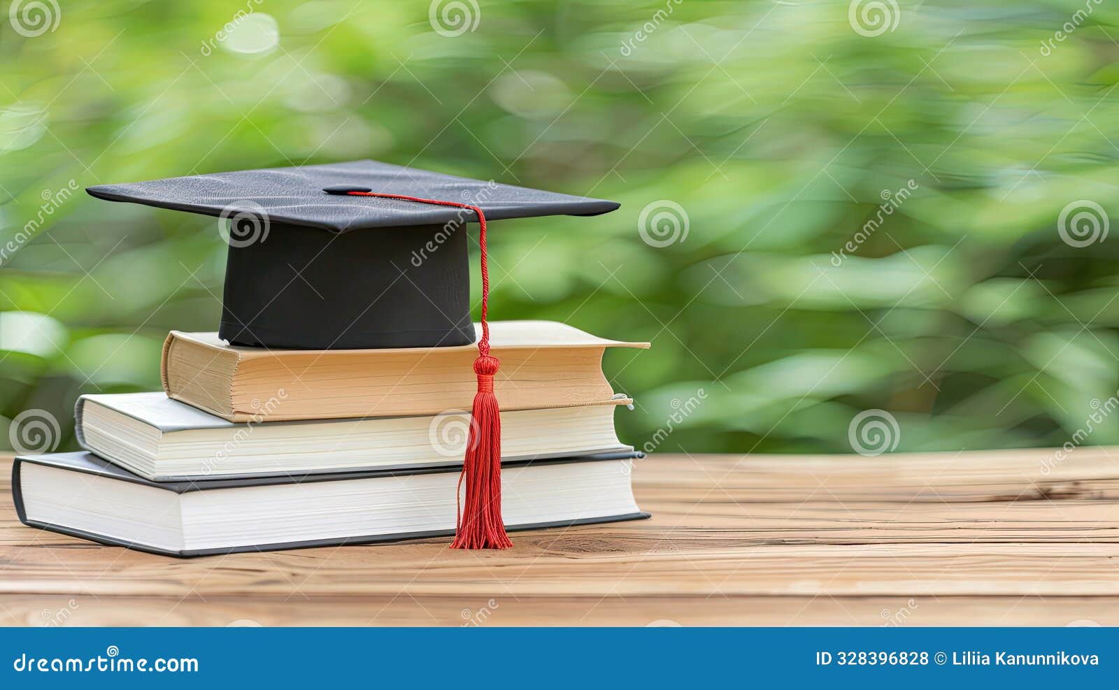 A Graduation Cap Sits Atop a Stack of Books Surrounded by Lush Greenery ...