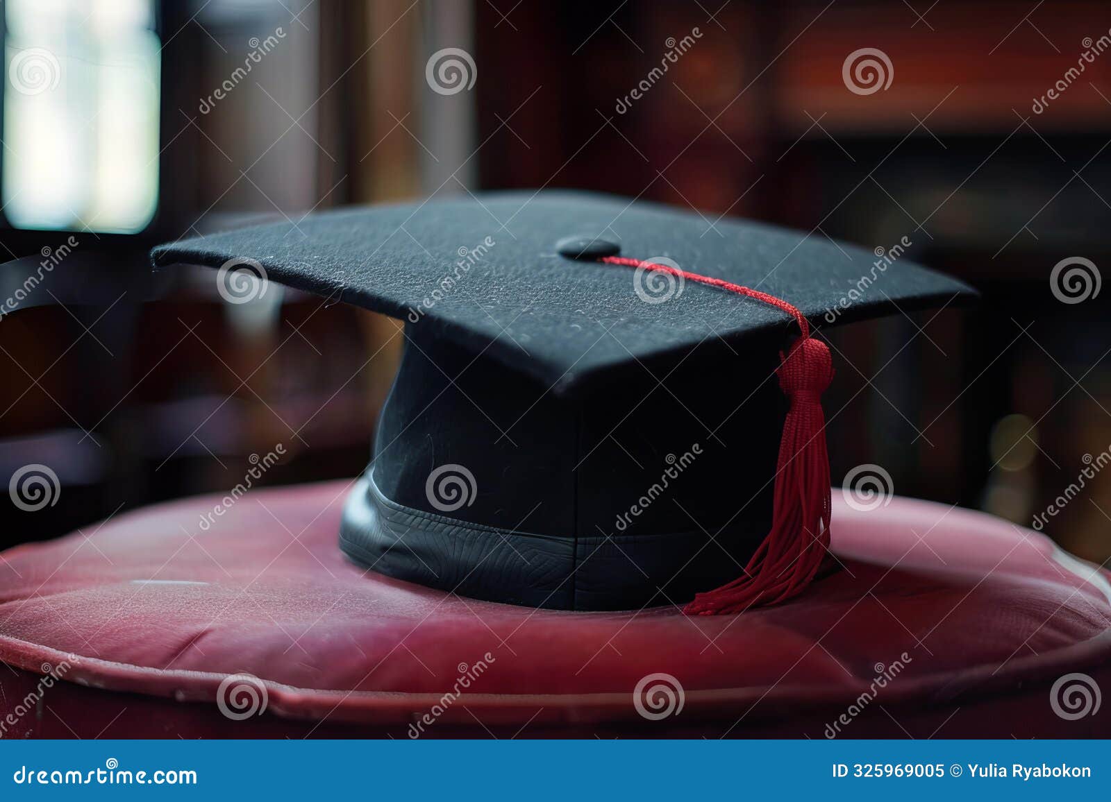 Graduation Cap Sitting on Chair in Empty Library Stock Image - Image of ...