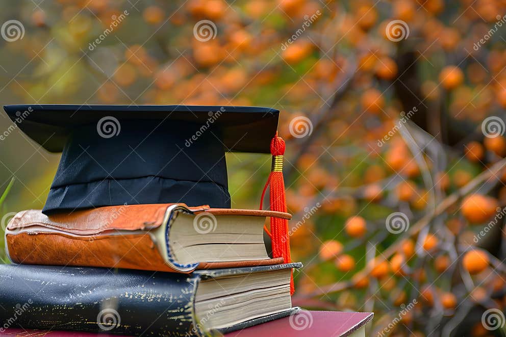 Graduation Cap Sitting on Stack of Books in Autumn Setting Stock ...