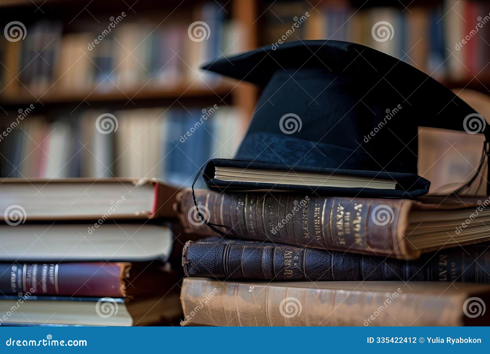 Graduation Cap Sitting on Stack of Books in Library Stock Photo - Image ...