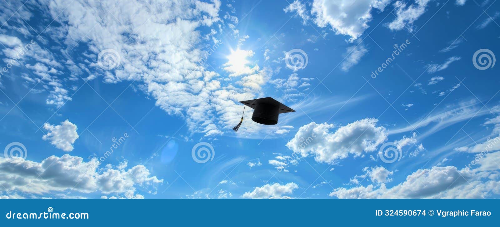 Graduation Cap in the Sky with Clouds and Sun, Education and ...