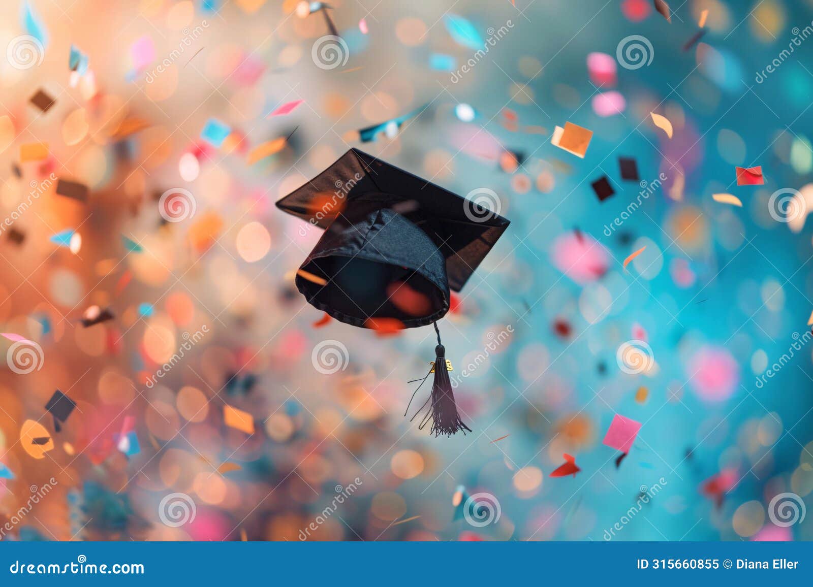 Graduation Cap Soaring through Air with Confetti Stock Illustration ...