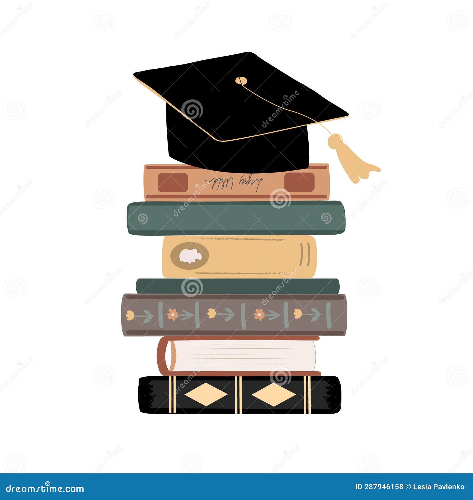 Graduation Cap and Stack of Book Isolated on White. Back To School ...
