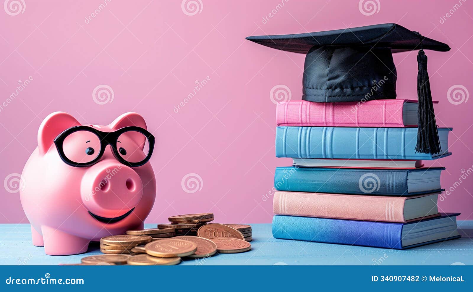 Graduation Cap on the Stack of Books, Coins and Saving Pig in Glasses ...