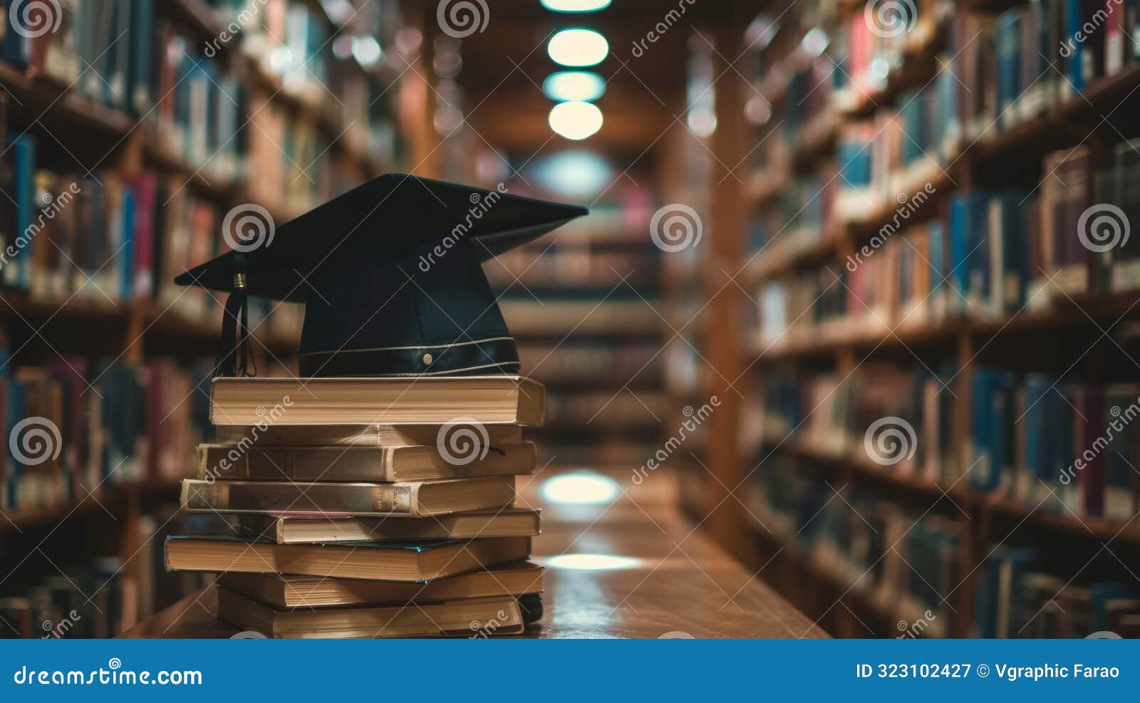Graduation Cap on Stack of Books in a Library, Academic Success and ...