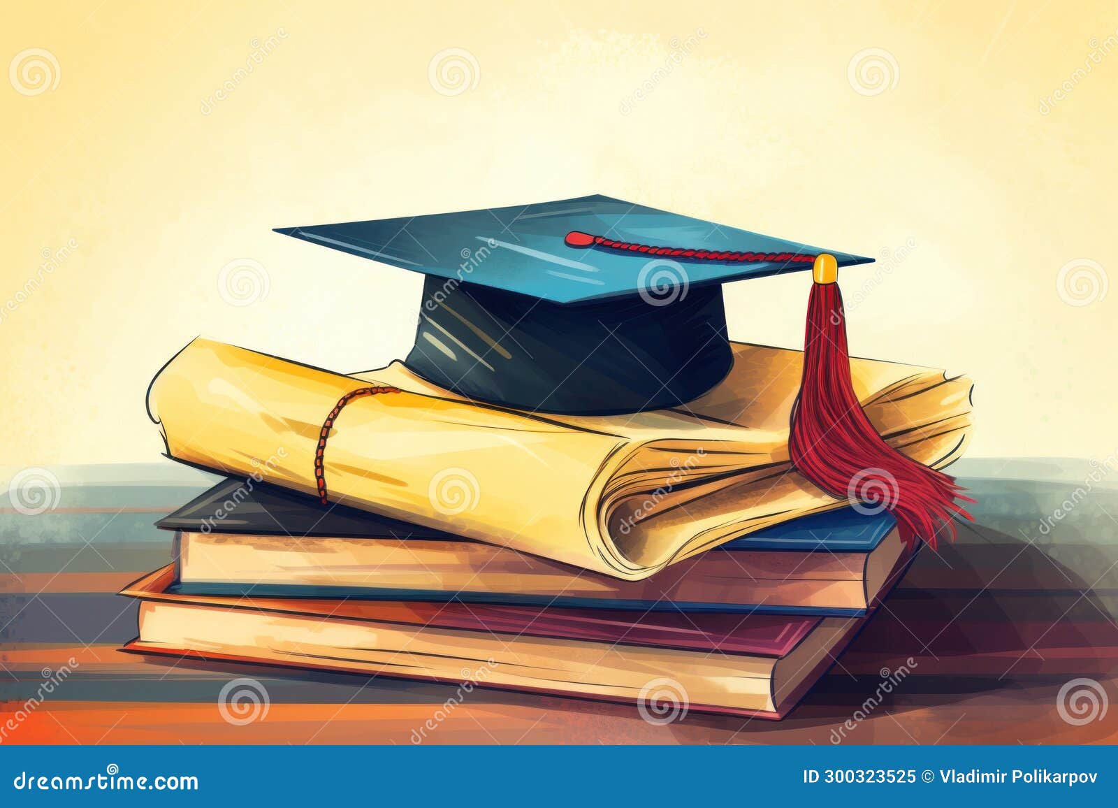 Graduation Cap on Stack of Books Stock Illustration - Illustration of ...